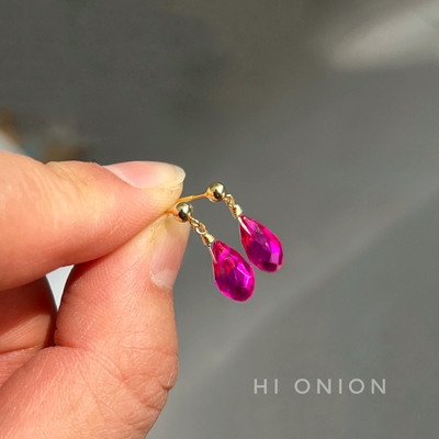 Hi Onion小众设计玫红色火龙果色水滴镀金耳钉个性显白耳夹复古