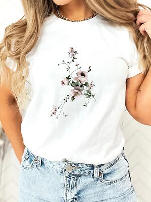 Flower T shirt 2023时尚小清新女士花朵印花短袖T恤宽松体恤衫
