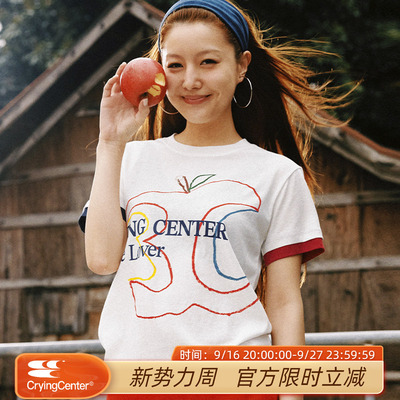 CryingCenter 微透雪花纹理竹节棉轻薄合身正肩线条3C苹果印花Tee