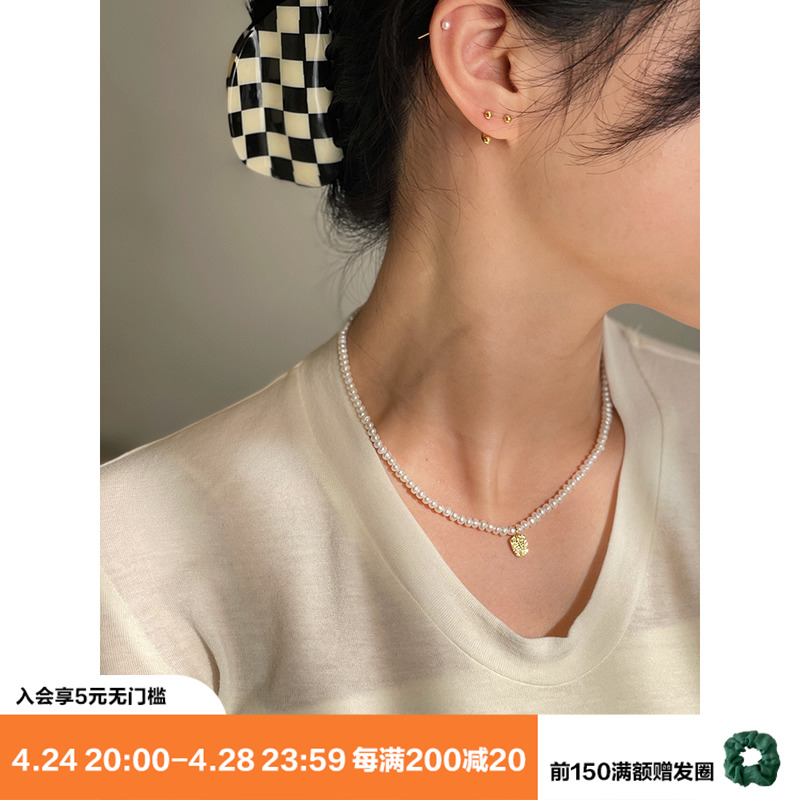 LLab高级感925银小方牌天然淡水强光珍珠项链几何方形锁骨链_虎窝淘