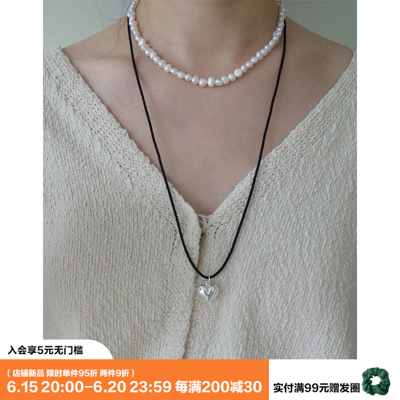 LLab 925银立体爱心黑绳可调节长项链ins博主同款_虎窝淘