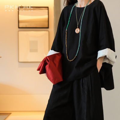 PKH.HK特 秋上新 日常黑白时髦文艺撞色翻袖亚麻宽松后领飘带上衣
