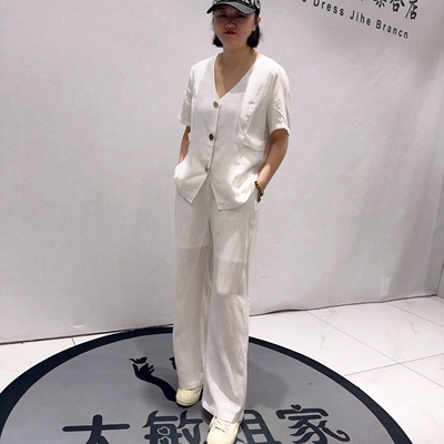 3138蓝鲸之吻初夏新品开衫上衣搭配休闲裤天丝亚麻两件套加大码
