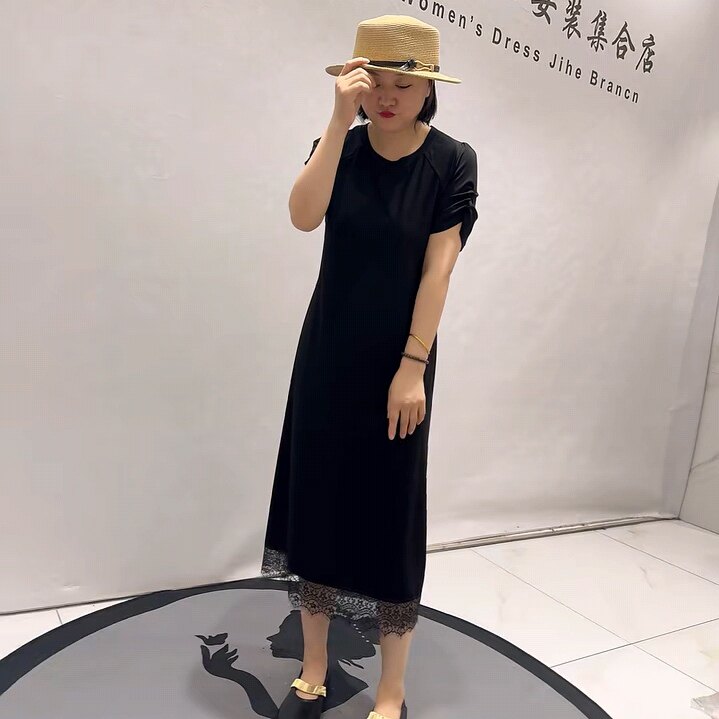 31089女权贵族夏款新品底边开衩带美背拼接蕾丝连衣裙加大码女装