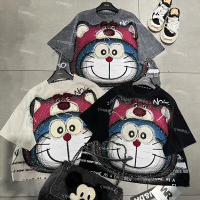 WR潮牌春夏重工草莓熊叮当猫小个子卡通减龄宽松短袖T恤上衣跨境