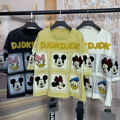 WR潮牌春夏重工六宫格米奇卡通减龄小个子时尚宽松短袖T恤女