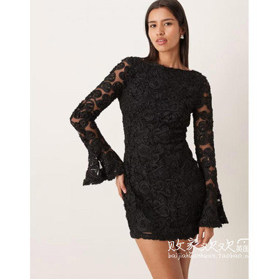 英国代购正品11.20 2025潮流导向 女装新款 深色蕾丝长袖连衣裙