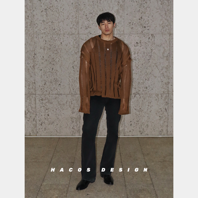 HACOS性感度假风显大肌肉镂空褴褛针织长袖毛衣T恤内搭老钱慵懒风