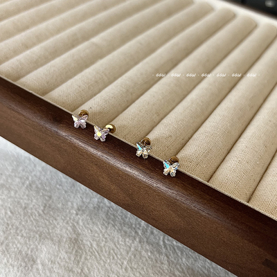 GGW 钛钢玻璃水晶蝴蝶耳钉螺丝拧扣耳骨钉睡觉免摘耳环通勤耳饰