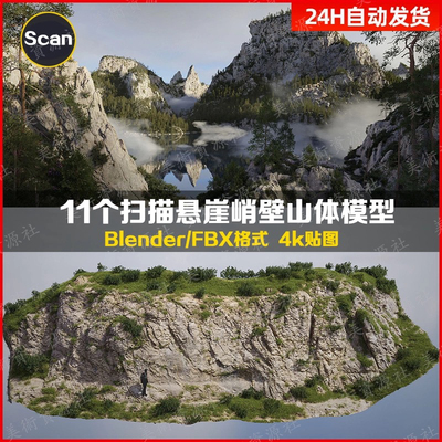 Blende11大型悬崖扫描峭壁岩石3D模型C4D海岸山体岩石地形8K纹理
