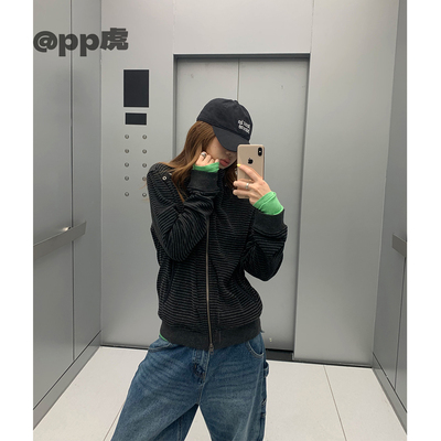 pp虎''黑巧千层''复古条纹宽松休闲开衫卫衣外套T26697