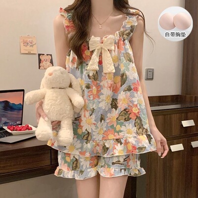 吊带睡裙女带胸垫夏季薄款梭织邹邹棉背心可爱甜美少女睡衣家居服