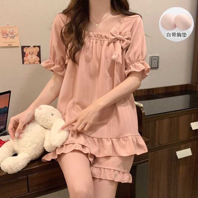 S2C带胸垫睡衣女款夏天短袖薄款防凸点可爱蝴蝶结甜美夏季套装家