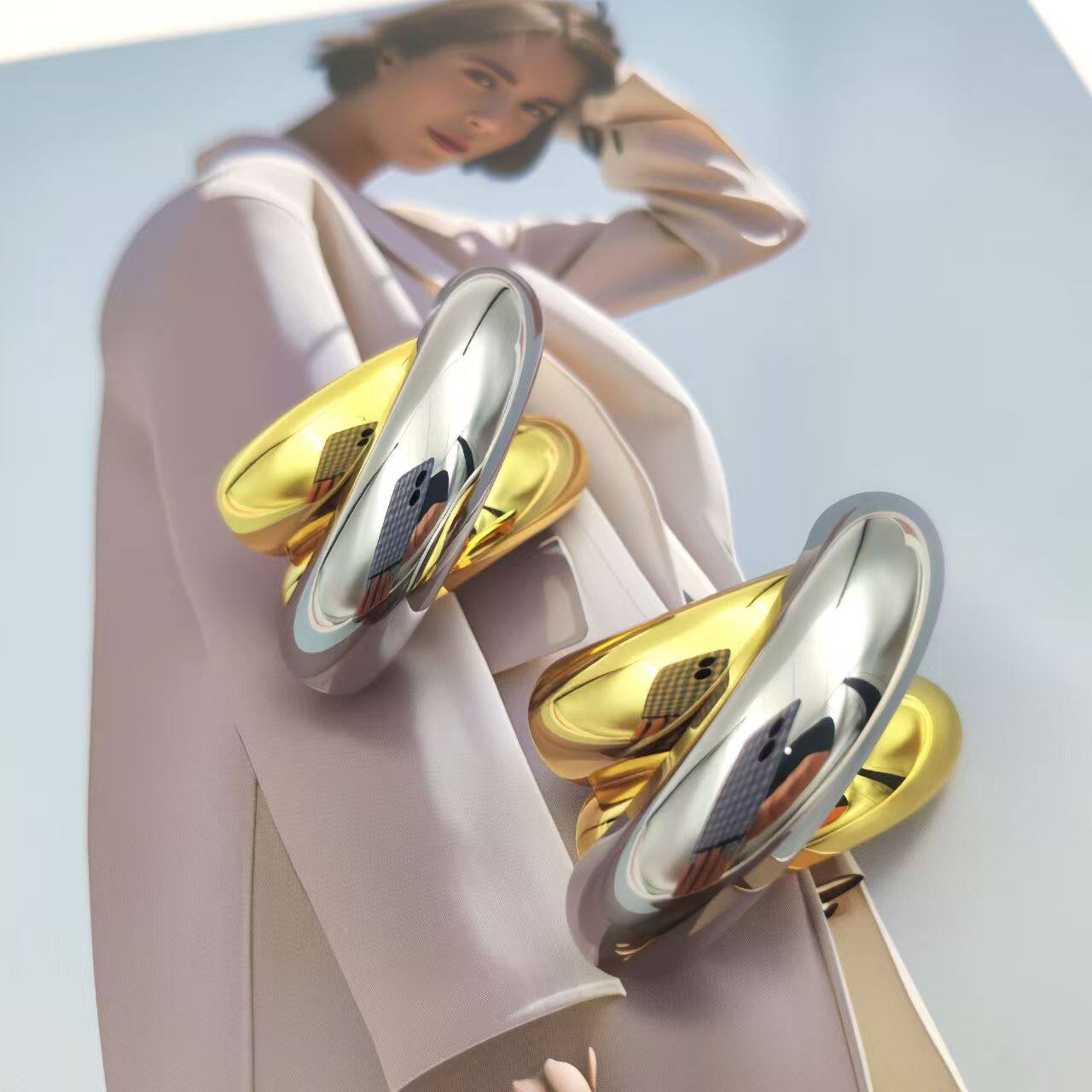 欧美风高级复古轻奢金银双色拼搭简约清冷风异形交叉环形装饰胸针
