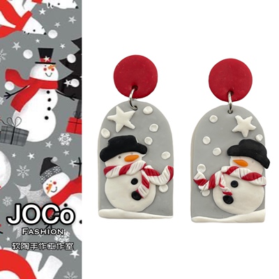 JOCo Fashion｜ins手作耳饰戴围巾的雪人软陶耳环18K镀金耳针