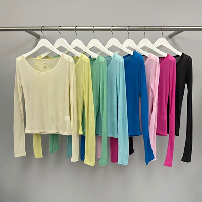 现 韩国东大门26春夏款WATER女时尚圆领糖果色天丝轻薄长袖T恤