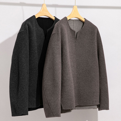 Double sided wool coat, women's round neck woolen coat外套女