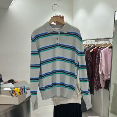 一件包邮lulu韩国代购 repeller 条纹设计感Polo领百搭时髦针织衫