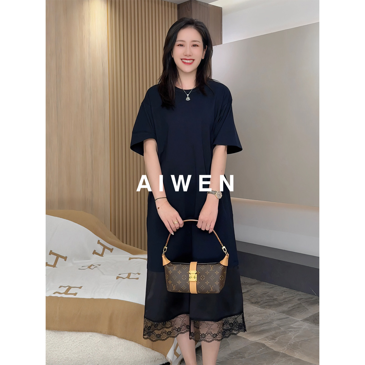 【AIWEN艾芠】夏季新款纯棉宽松直筒蕾丝拼接连衣裙女ZNY-X60474