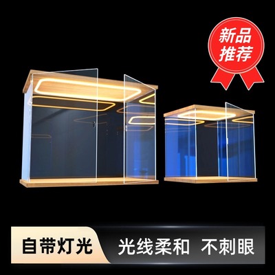 带灯盲盒收纳展示架泡泡玛特手办盒透明实木防尘展示盒大容量盒子