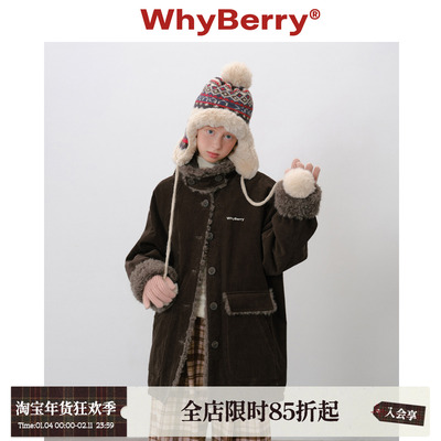 WhyBerry 25AW“冷莓生巧”灯芯绒中长款棉服拼接毛领冬季厚外套