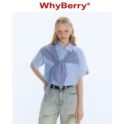 WhyBerry 25SS“错位夏语”绑带拼接假两件衬衫纽扣叠穿撞色短袖