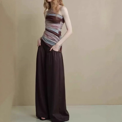 someone sometimes柔软透气口袋收褶设计宽松阔腿裤女棕色休闲裤