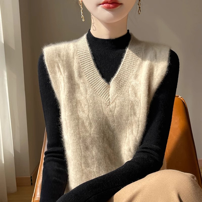 奥莱品牌高端V领扭花羊绒衫马甲女秋冬无袖毛衣针织背心羊毛坎肩