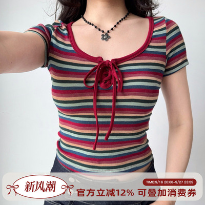 Go Girl Go 自制美式复古撞色条纹圆领短袖T恤女修身系带短款上衣