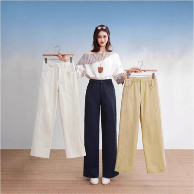 五只白鹅2661高端牛仔裤钛金棉樱花直筒休闲裤春季新款高腰显瘦