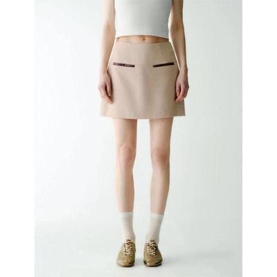 正品授权FAEfreeandeasy 丝光珠地半裙拼PU百搭A字短裙