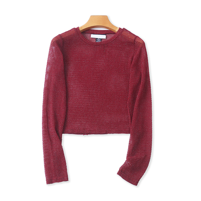 外贸圆领镂空T恤网纱透视短款上衣春夏新款长袖女打底衫罩衫20184