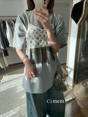 ciment 韩国代购 大版宽松短袖TEE蕾丝外穿吊带