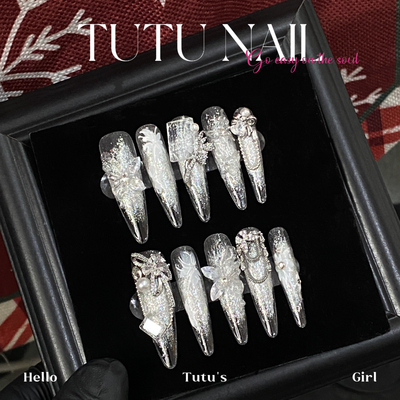 【白纱】TUTU NAIL手工穿戴美甲银色猫眼仙气蝴蝶花婚纱新娘婚甲