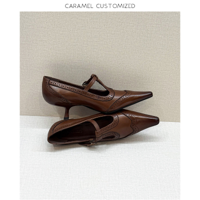 焦糖CARAMEL-法式系扣单鞋尖头老钱风T字带细跟高跟鞋真皮-5cm