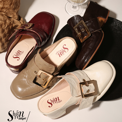 复古羊皮包头拖女防滑粗跟