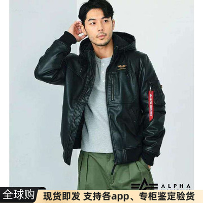 ALPHA连帽机车皮衣皮夹克外套