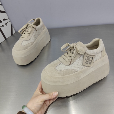 欧货反绒皮厚底增高鞋女2026早春新款圆头系带松糕鞋舒适百搭单鞋