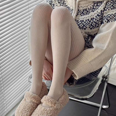 秋冬竖条miu系棉质燕麦色连裤袜