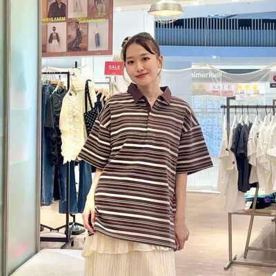 清 日系LF复古条纹配色半开襟POLO领宽松中长款休闲毛圈棉T恤