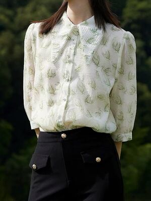 IDOLE奕多 高级感通勤百搭气质印花雪纺宽松衬衫 半袖 L码