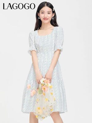 无吊牌 LAGOGO拉谷谷 小清新甜美减龄波点方领收腰显瘦连衣裙 L码