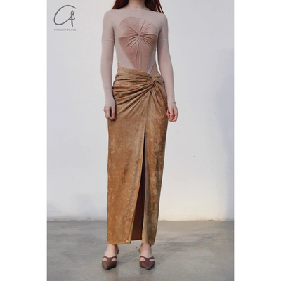 23春夏灯芯绒扭结开叉半身裙