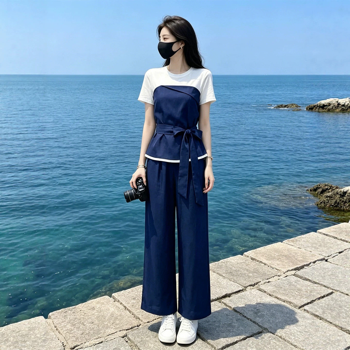 2026夏季假两件套装女撞色短袖圆领上衣阔腿裤显瘦休闲运动套装