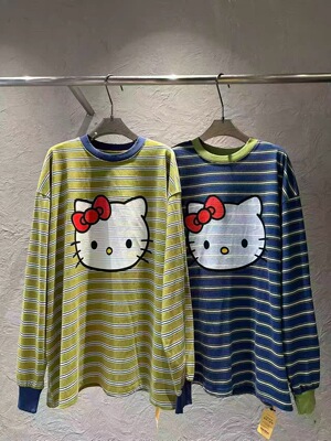 Manman2026秋冬韩版猫猫印花条纹长袖女宽松大版减龄t恤上衣