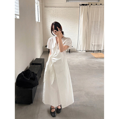 TG 极简松弛感 围裹式V领系带连衣裙2026夏新款显瘦纯棉长裙26747