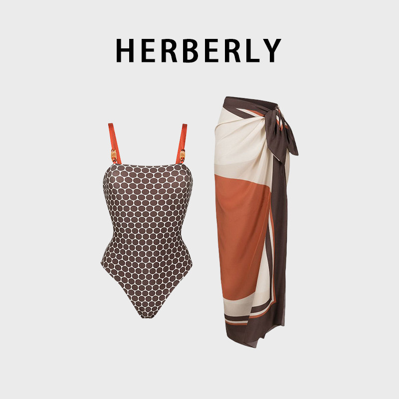 HERBERRY泳装女复古高级感印花吊带双面泡温泉度假裙式连体游泳衣