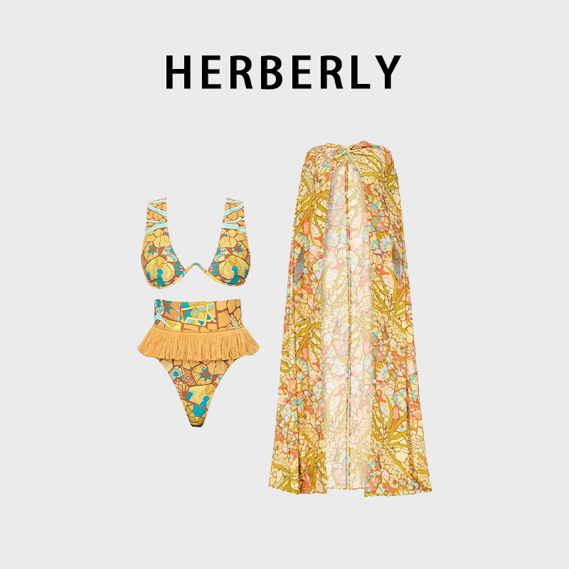 HERBERRY泳装女高级度假沙滩斗篷比基尼三件套温泉度假分体泳衣