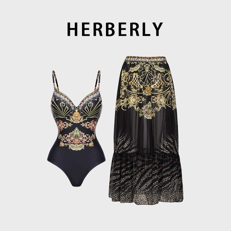 HERBERRY泳衣女黑色高级性感V领显瘦比基尼海边沙滩连体泳衣裹裙