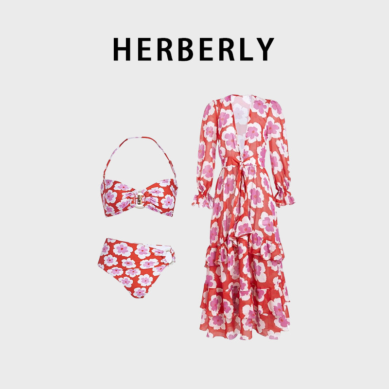 HERBERRY泳装法式复古性感比基尼防晒罩衫沙滩泡温泉度假分体泳衣